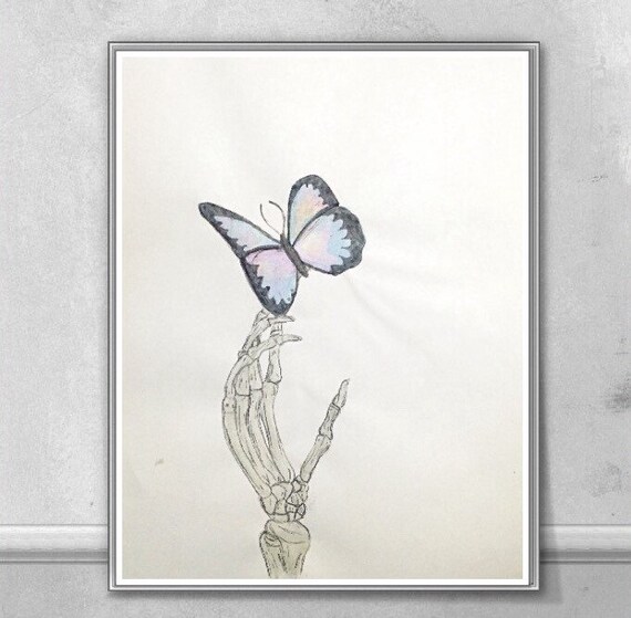Skeleton hand holding butterfly painting print by CasteensCanvas