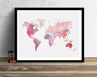 World Map Watercolor Illustration Art Print Large by VelvetPrint