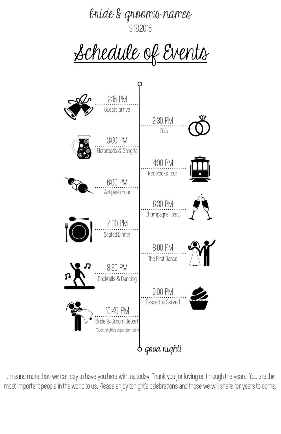 Wedding Program with Timeline and Icons Printable