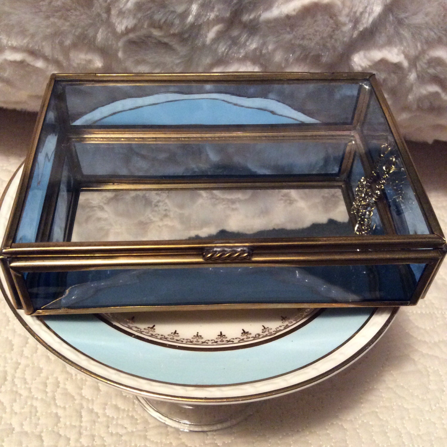 Vintage Cobalt Blue Glass Jewelry Casket Mirror Display Stained Glass ...