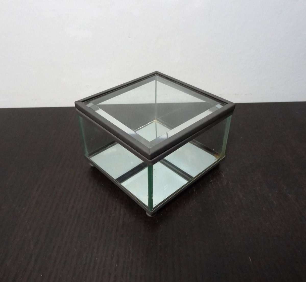Vintage Square Beveled Glass and Grey Metal Footed Display Box with ...