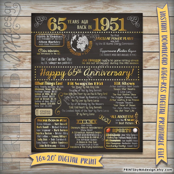 65th Anniversary Gift 1951 Instant Download By PRINTSbyMAdesign