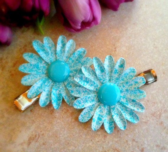 Blue Metal Flower Hair Clip Set Enamel Flower Alligator Clip