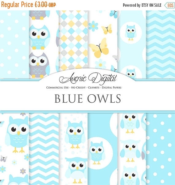 SALE Cute Blue Owl Digital Paper. Scrapbook by AvenieDigital