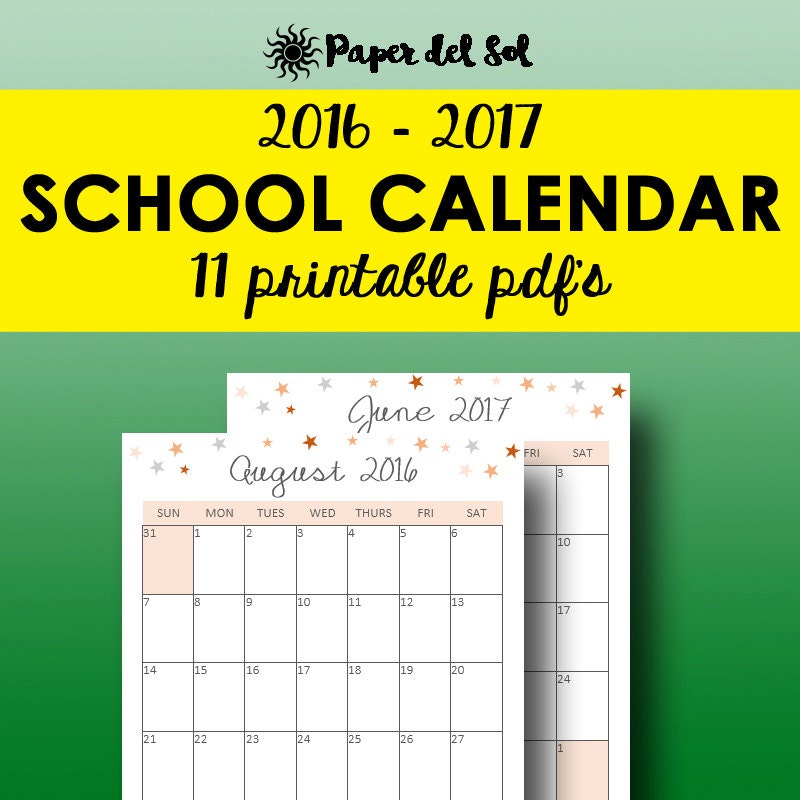 2016 Monthly School Calendar Printable Monthly By PaperdelSol