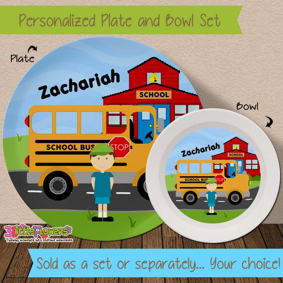 Personalized School Bus Plate and Bowl Set by 3littleflowers