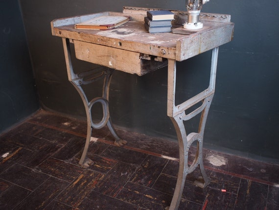 Industrial Work Bench w/ Cast Iron Legs / Antique Leiman Bros