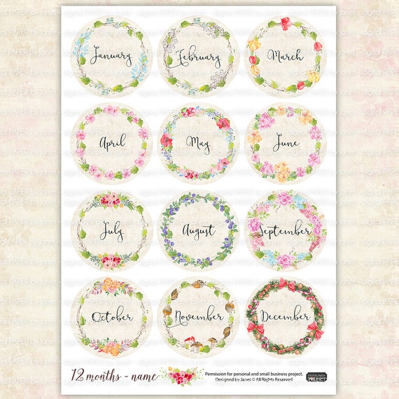 12 months name Calendar 2.5 inch circles set of 12