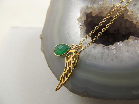 Angel Wing Gemstone Necklace Personalized Gold by LeafDanceJewelry