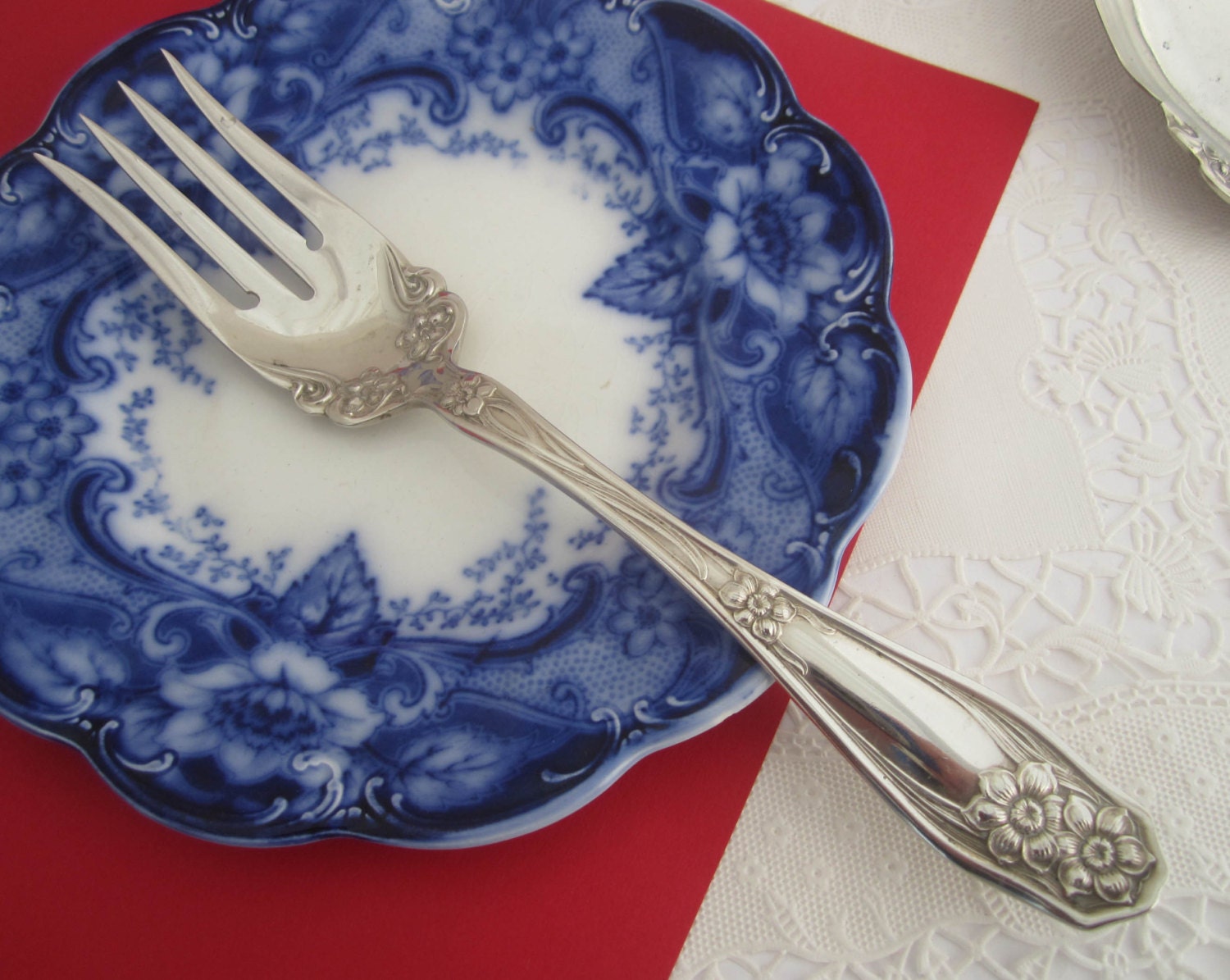 Antique Large Serving Fork FLOWER Pattern Art Nouveau Nickel Silver Wm ...