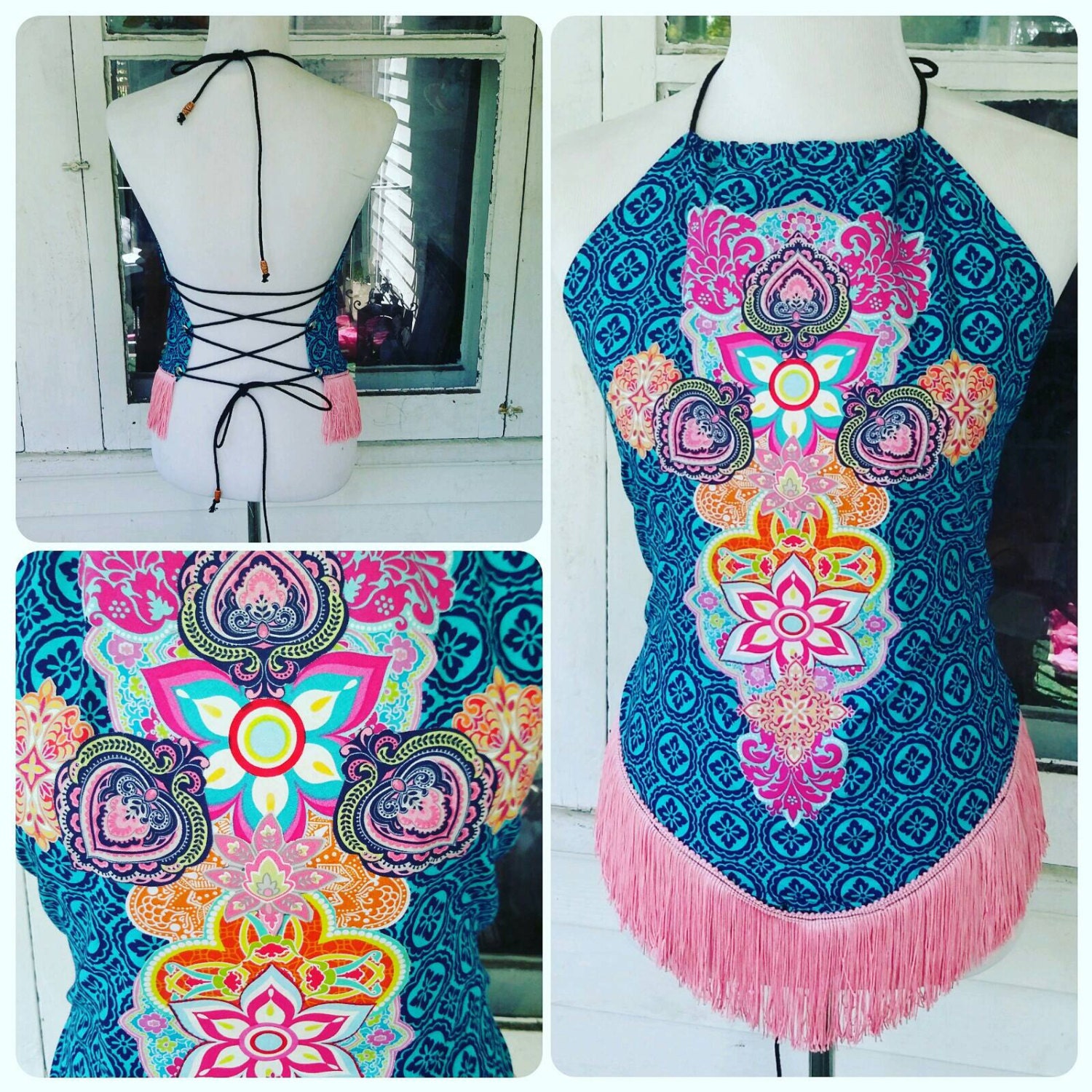 Halter Top Blue And Pink Hippie Boho Gypsy Halter Top