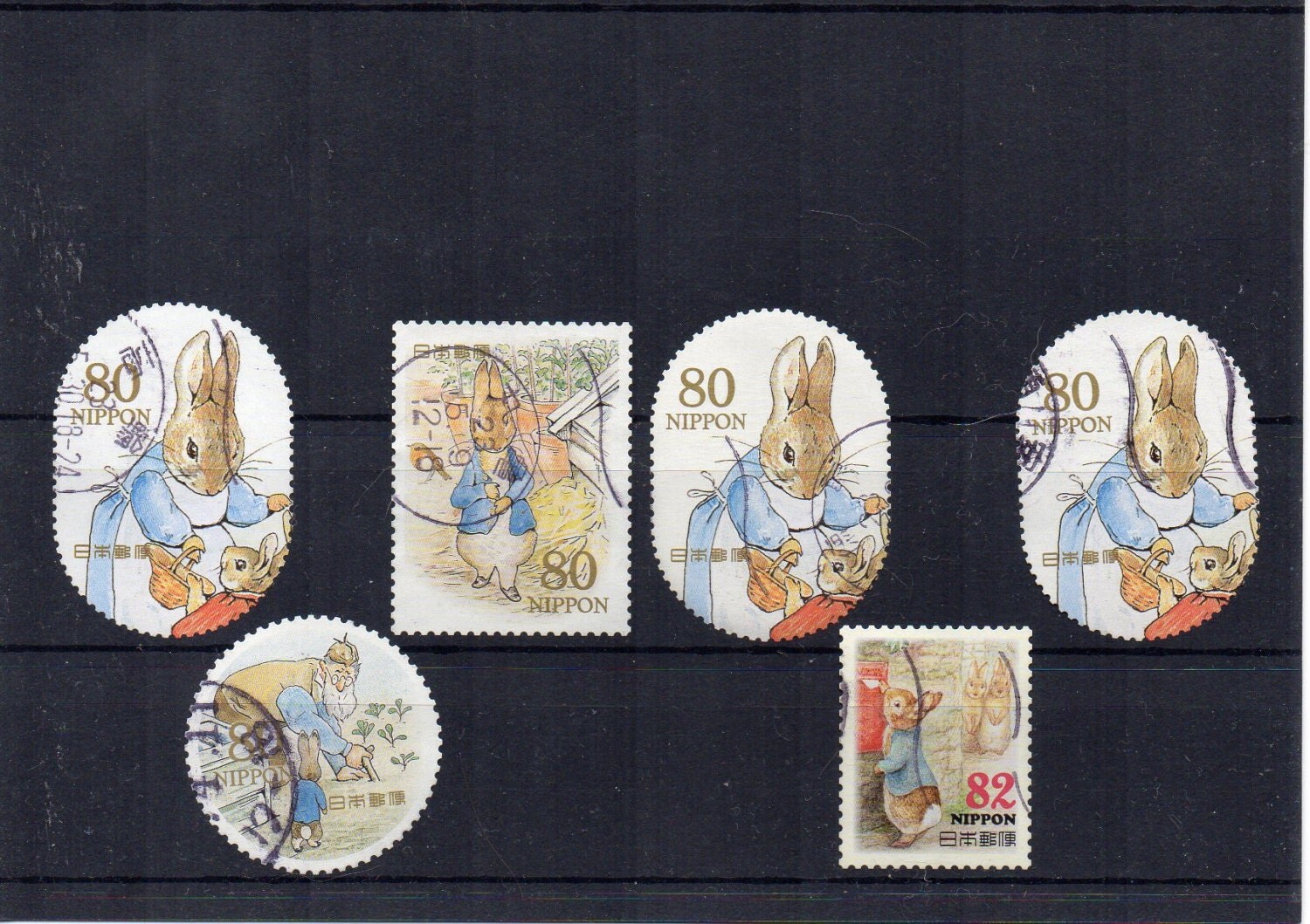 6 Japanese Peter Rabbit used postage stamps. Beatrix Potter.