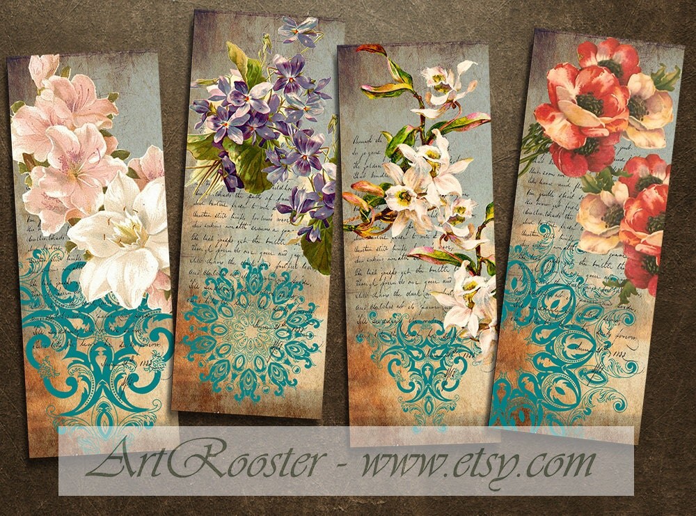4 Printable Bookmarks for Books VINTAGE FLOWERS Bookmark