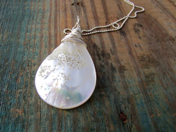 Shell Necklace big wire wrapped mother of pearl tear by twobadcats