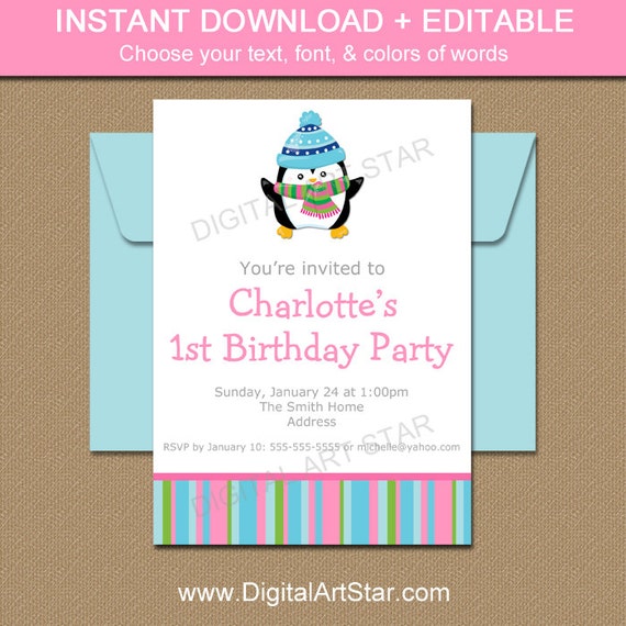 EDITABLE Winter Birthday Invitation Printable by digitalartstar
