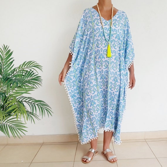 Large Size Beach Cover Up Long Kaftan Dress Blue And Pale