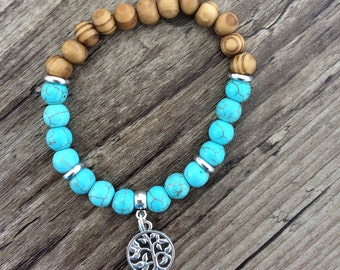 Items similar to Tree Charm Bracelet, Turquoise Color Bracelet, Stretch ...