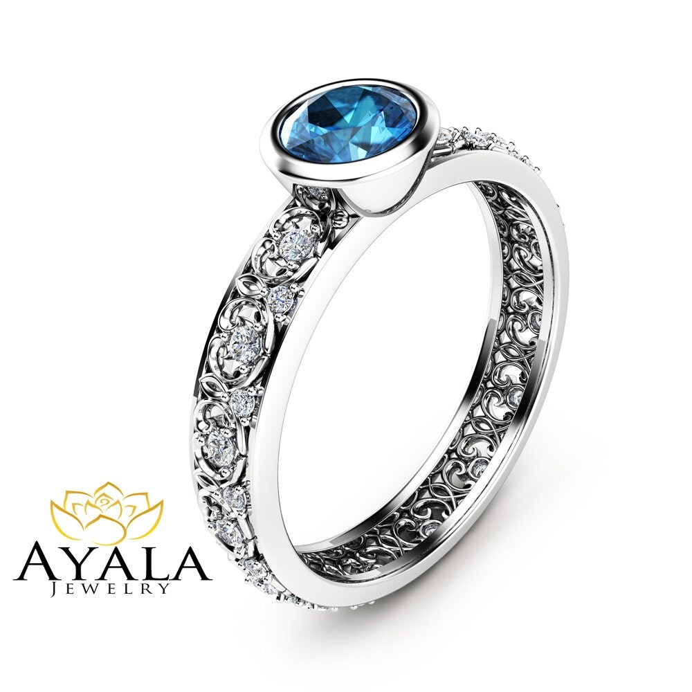 London Blue Topaz Engagement Ring 14K White Gold Vintage Ring