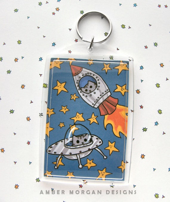 Cute Cat Keychain Rocket Cat UFO Kitty Star by AmberMorganDesigns