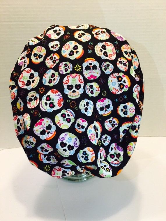 Scrub Hat European with Teal Satin Trim Sugar Skull