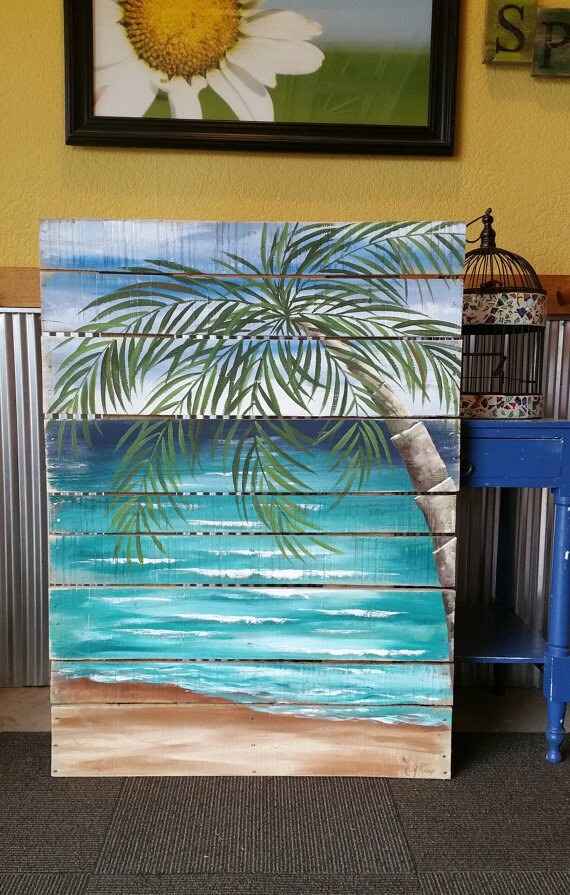 Beach Pallet art greenery Hand painted beach reclaimed wood