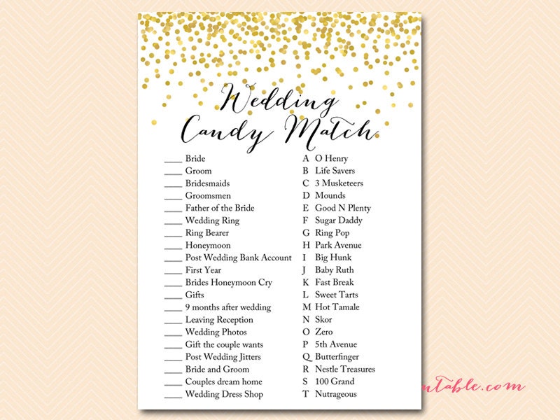 Bridal Shower Candy Bar Matching Game Coed Gold Confetti