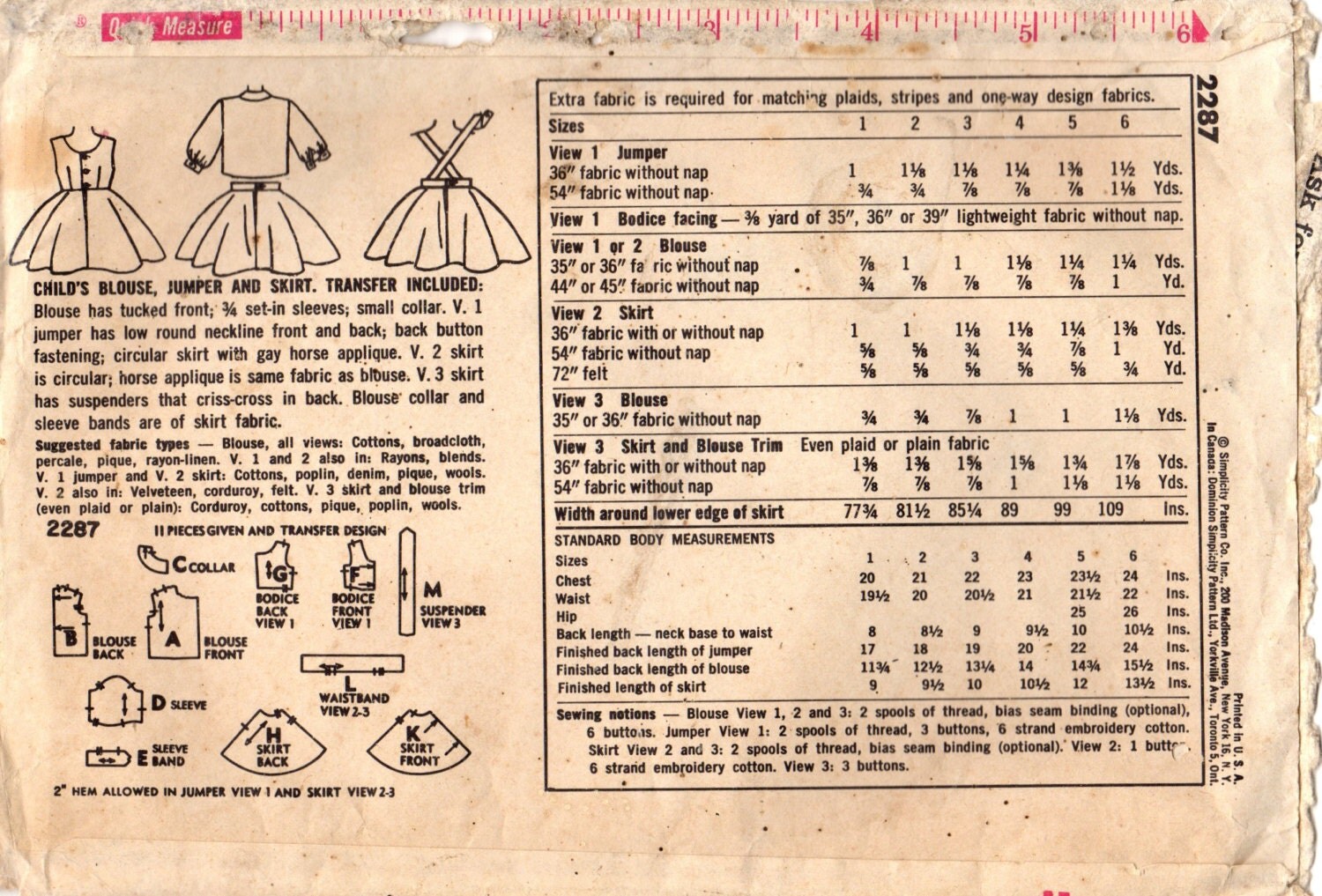 1950s Simplicity 2287 Vintage Sewing Pattern Girl's Flared