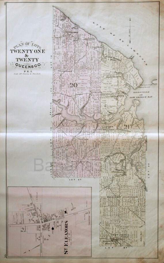 Large Antique Map of Prince Edward Island Lot 20 by bananastrudel