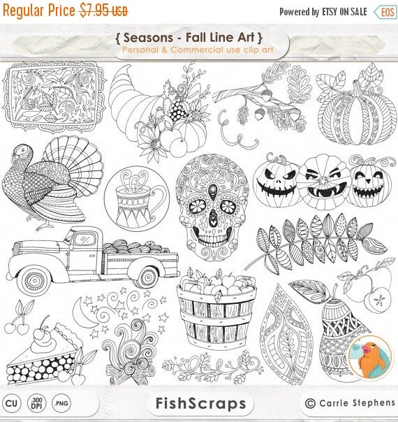 SALE Fall Line Art Bundle Fall ClipArt Digital by FishScraps