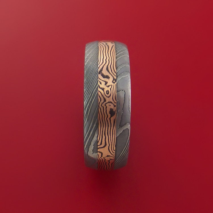 Damascus and 14k ROSE GOLD Mokume Gane Ring by StonebrookJewelry