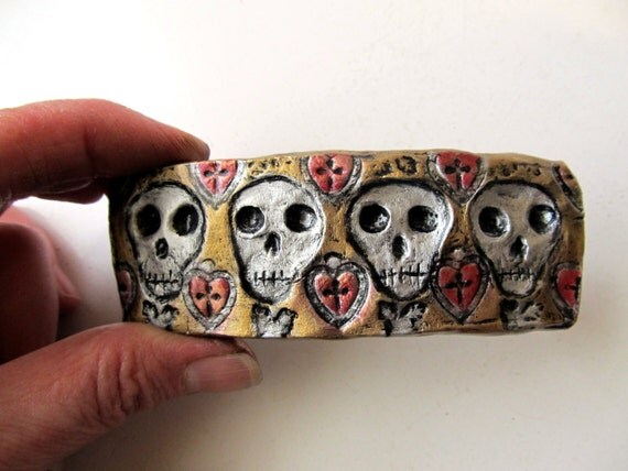 Items similar to Day of the Dead Barrette Large with Hand Stamped 4 ...