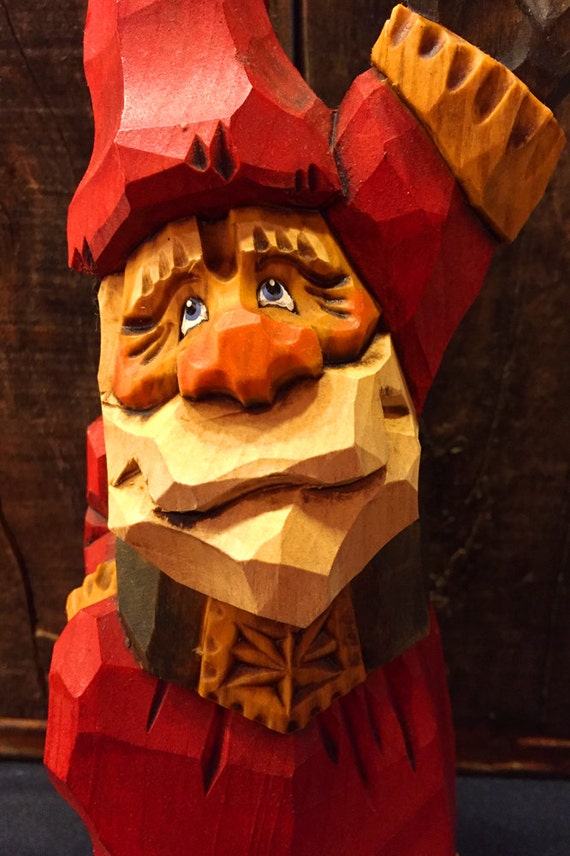Items similar to Hand Carved Wooden Santa in Traditional Red Robe with ...