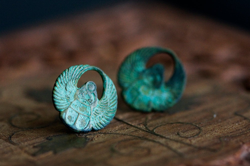Egyptian Scarab Earrings Patina Scarab Stud by SilentRoses on Etsy