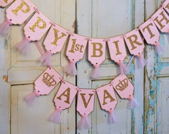 Happy 1st Birthday Banner Embossed White Pink by PaperEtcStudio