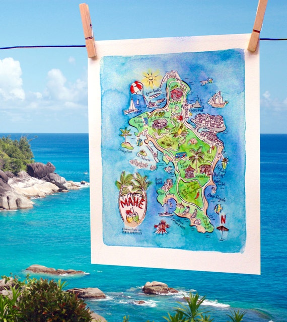 Illustrated Hand Painted Watercolor Map of Mahe Seychelles