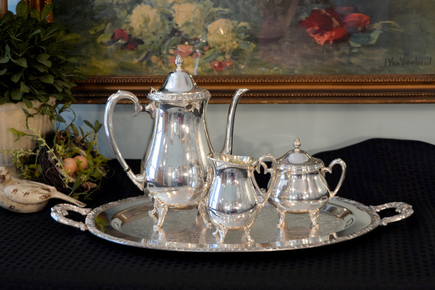 4 Piece Tea Set – Henley Silver Plate – Teapot – Large Covered Sugar ...