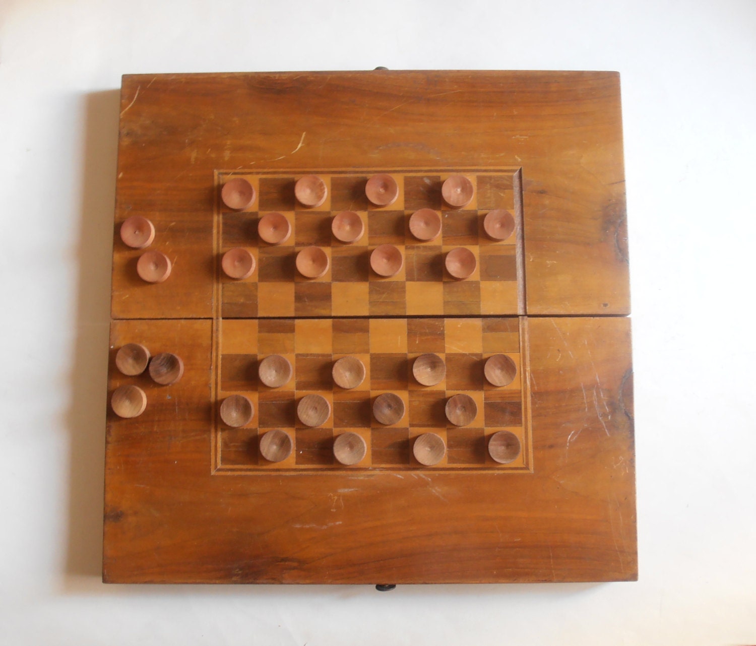 antique wooden inlaid checkers board