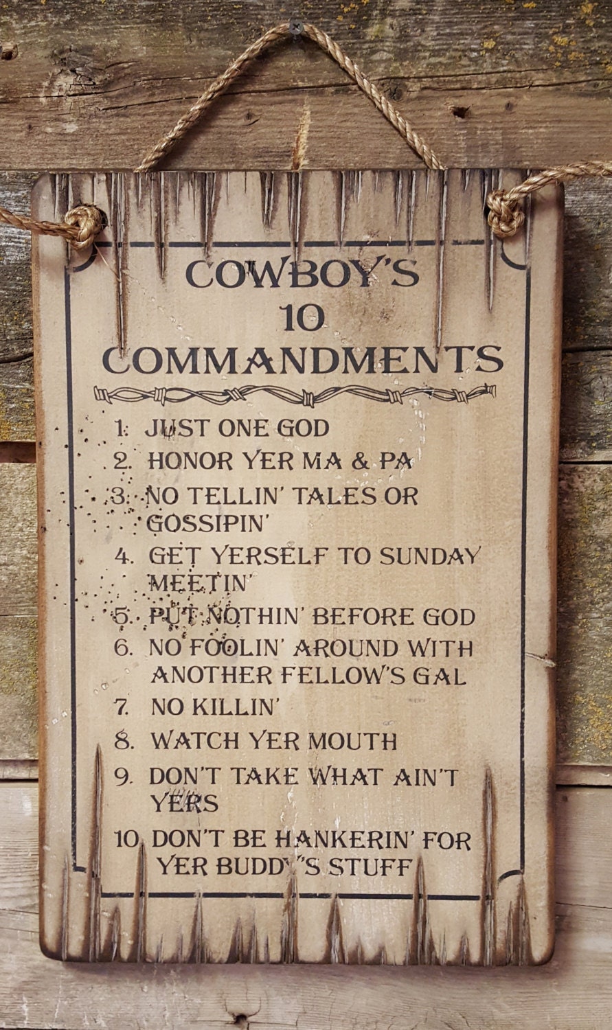 Cowboy's 10 Commandments Western Antiqued Wooden Sign