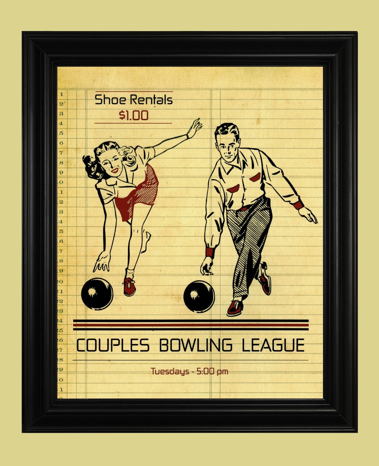 Vintage Bowling Poster Couples Bowling League Sign Bowling