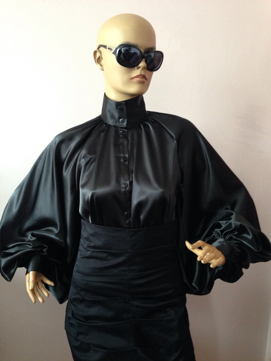 Formal Womens silk blouse/ Black cocktail satin