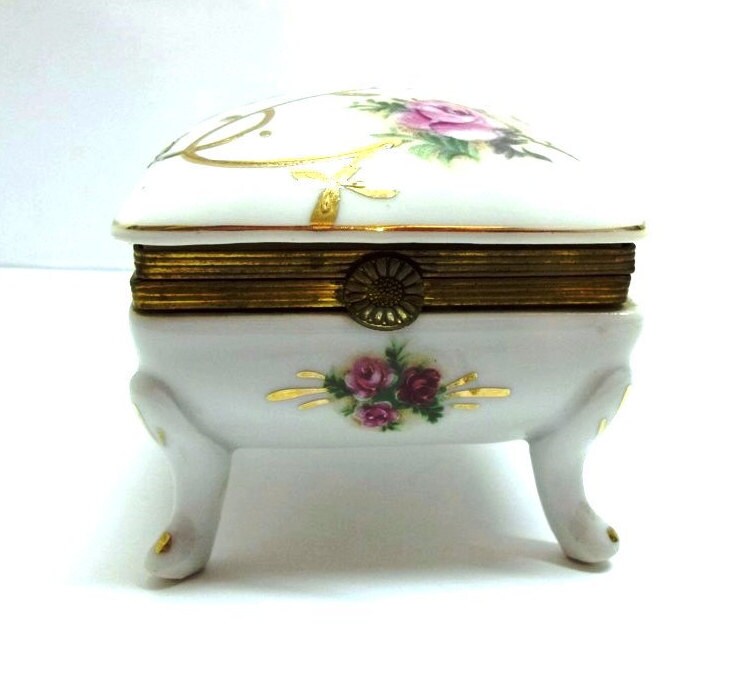 Square Porcelain Footed Trinket Box Jewelry Box Purple Roses Hand ...