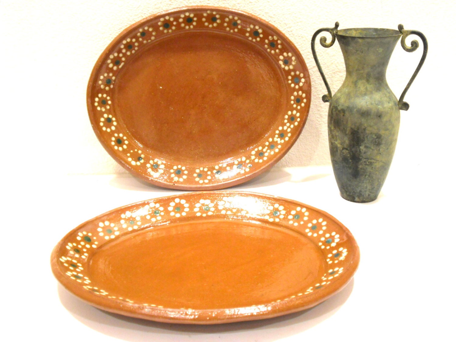 2 Mexican Redware Clay Dot Pottery Handmade Platters Serving Party ...