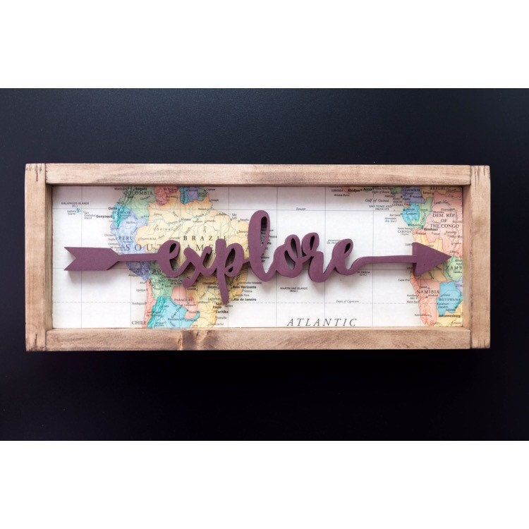 Explore wood sign // world map wood sign // explore arrow wood