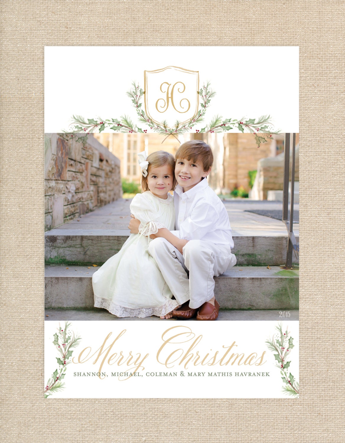 Holiday Holly Watercolor Crest Christmas Card