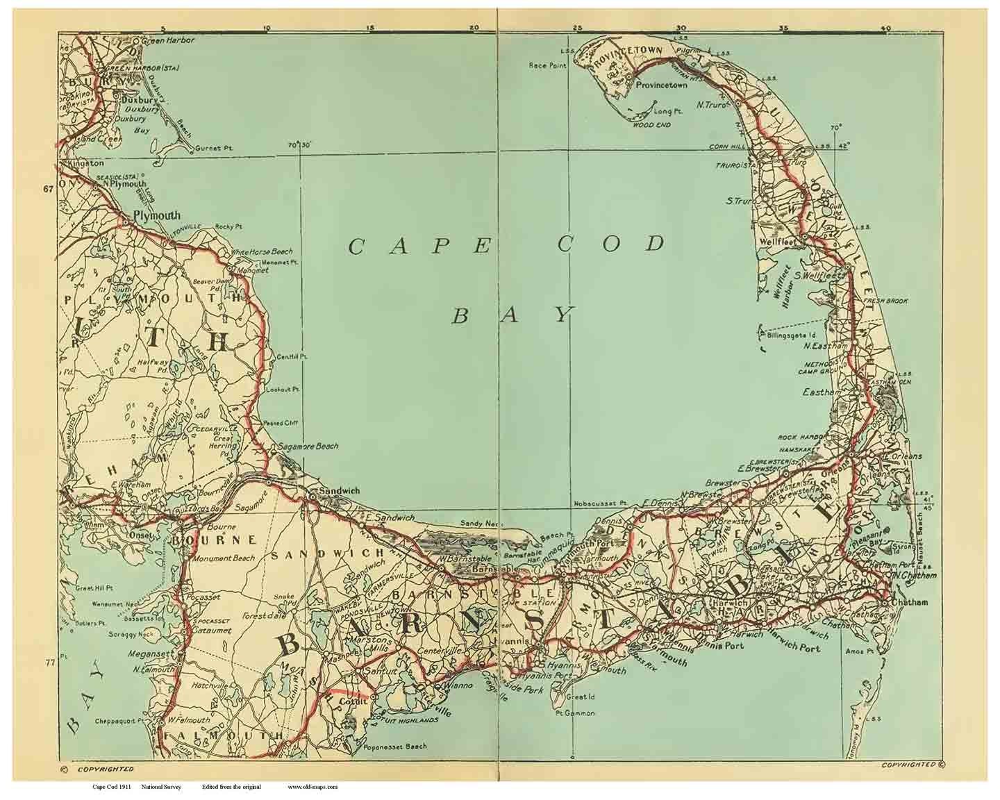 Cape Cod 1911 Road Map National Survey Custom Reprint
