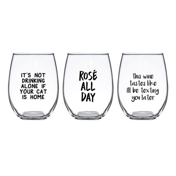 Set Of 3 Funny Wine Glasses Rose All Day Drinking By Designizzle