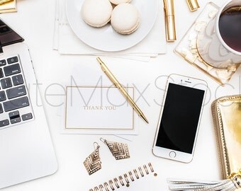 Gold Styled Desk Stock Photo with Macarons / by KateMaxStock