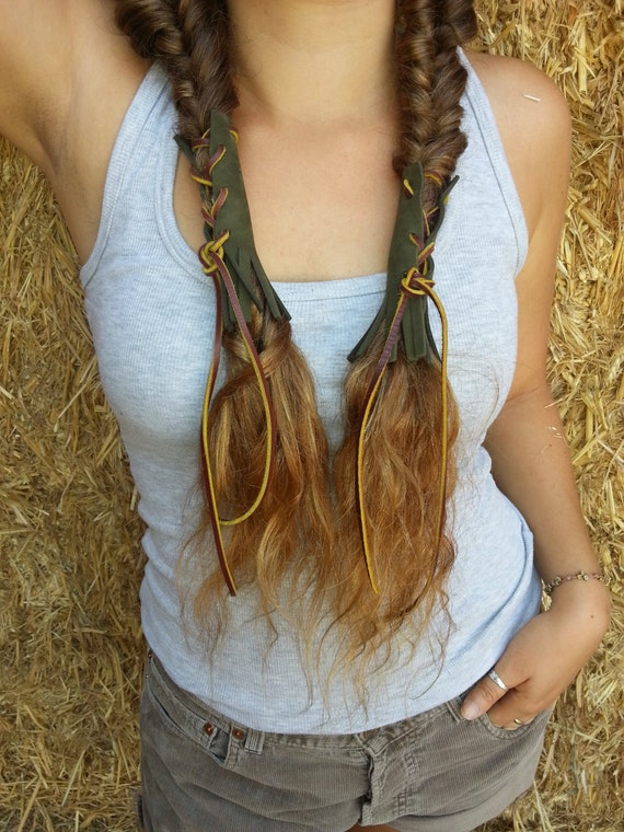 Dark Olive Green native American hair wrap BOHO Ponytail