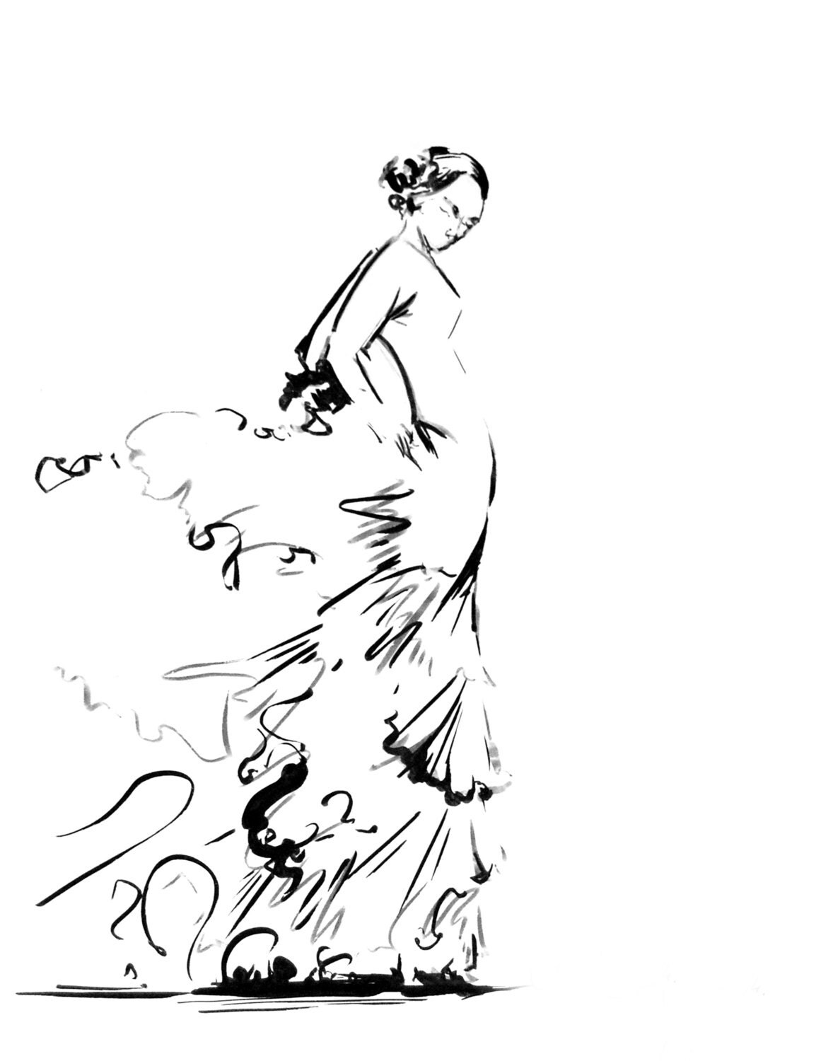 Flamenco Dancer Print Black and White Dance Art Ink Drawing