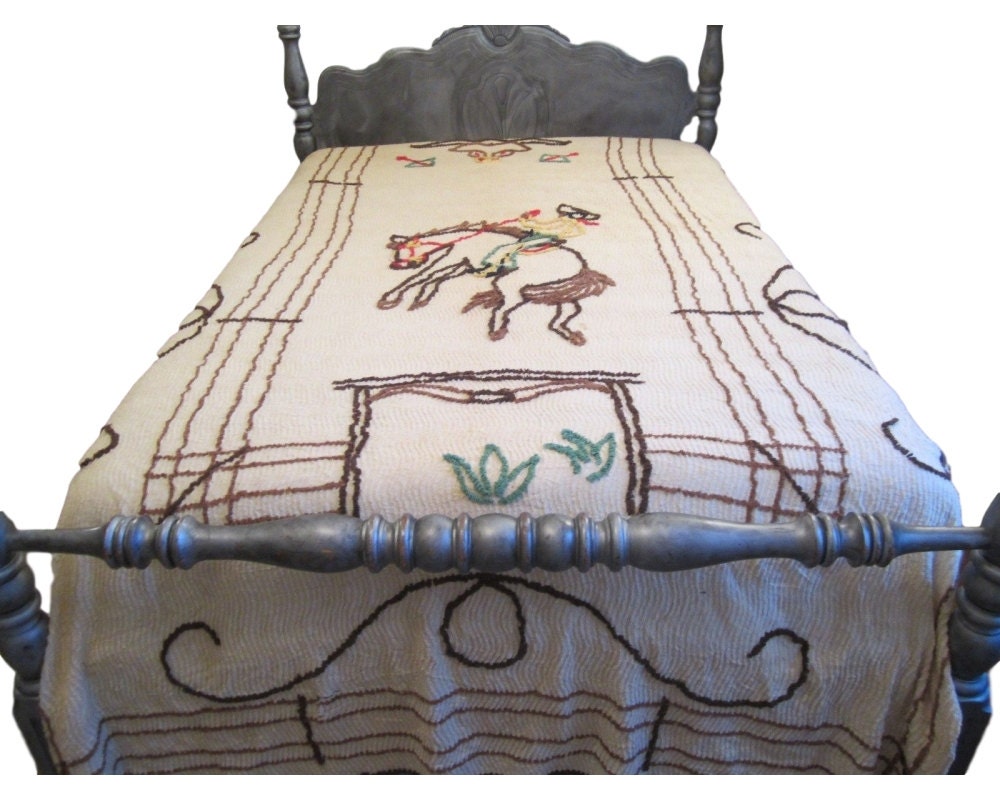 Vintage Western Cowboy Chenille Bedspread Blanket Quilt Full or Queen ...